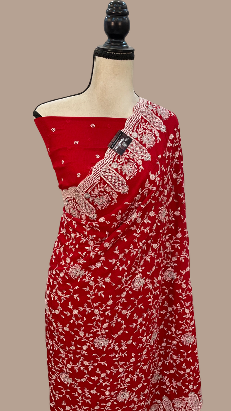 Pure Georgette Chikankari Handloom Banarasi Saree | The Handlooms