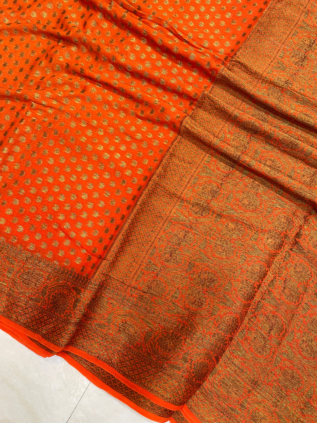 Orange Pure Chiffon Khaddi Banarasi Saree — The Handlooms