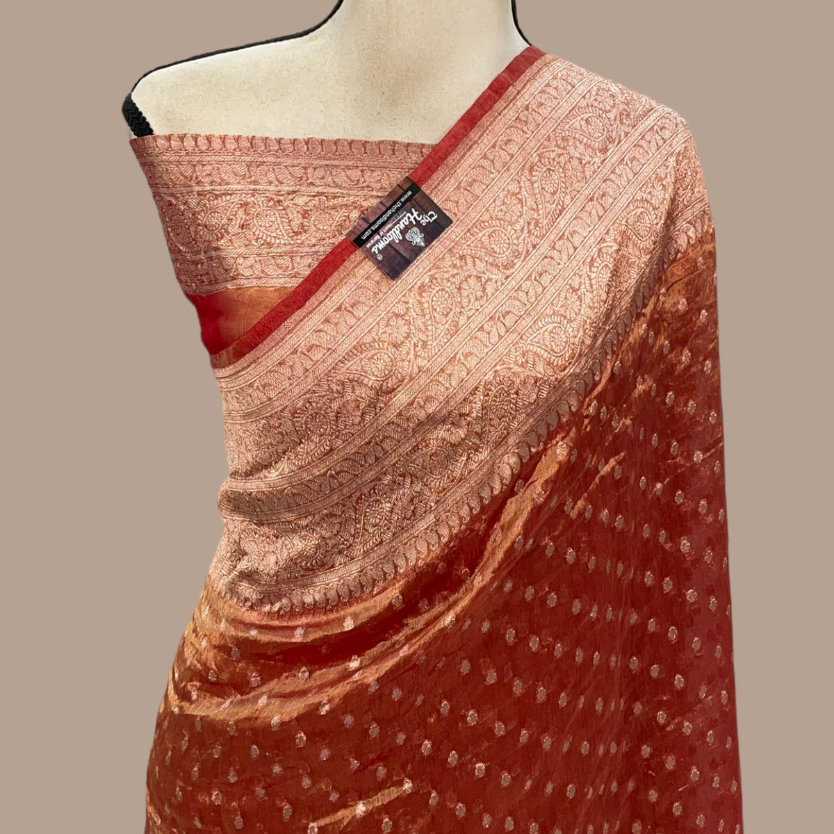 Coral Red Pure Kora Tissue Handloom Banarasi Saree — The Handlooms