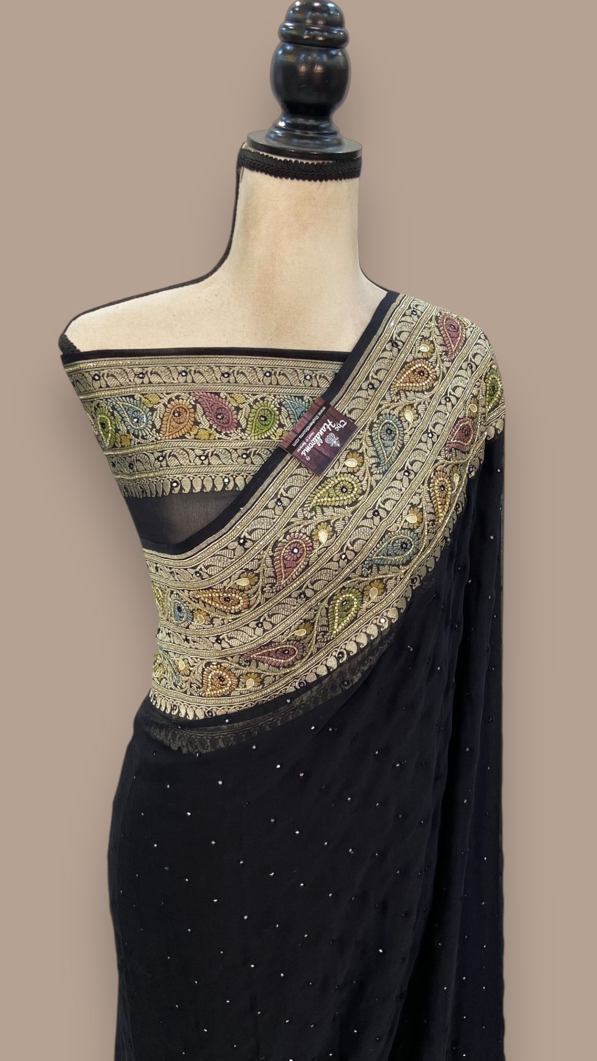 Black Khaddi Georgette Handloom Banarasi Saree with Handwork: Gota Pat ...