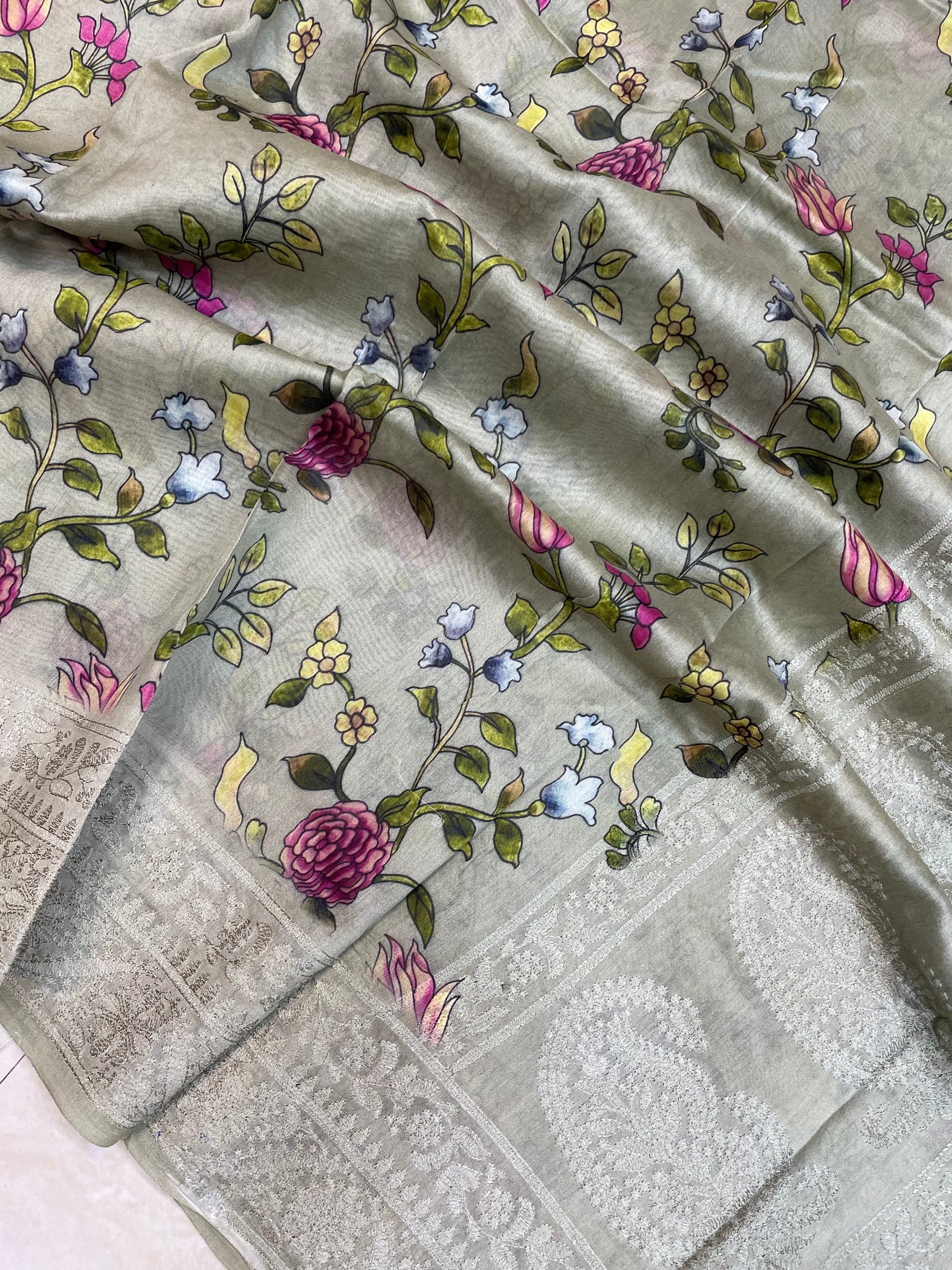 Pure Chanderi Digital Print with Chikankari Handloom Banarasi Saree ...